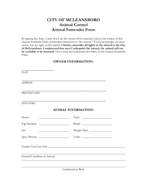 Fillable Online ANIMAL OWNER SURRENDER FORM Fax Email Print - pdfFiller