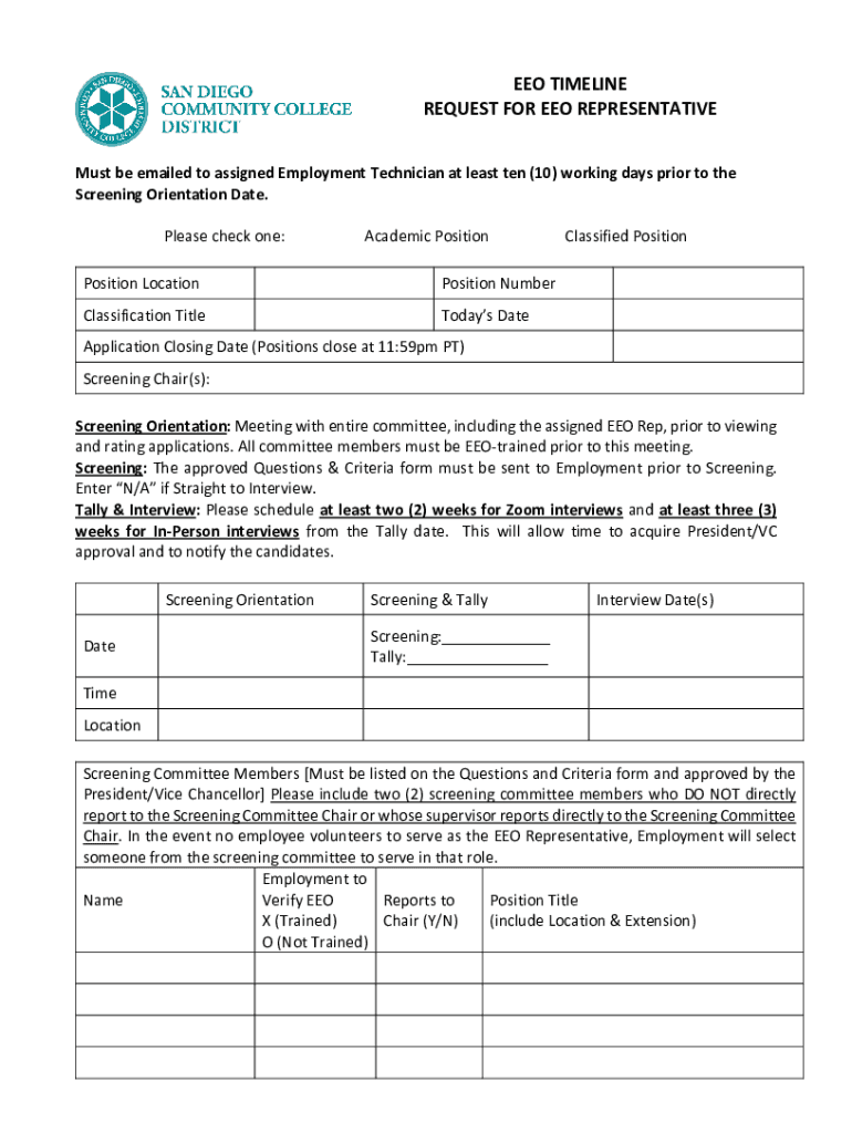 Fillable Online EEO TIMELINE REQUEST FOR EEO REPRESENTATIVE Fax Email ...