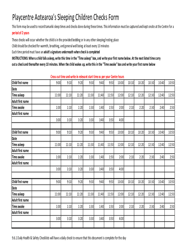 Fillable Online Playcentre Aotearoa's Sleeping Children Checks Form Fax ...