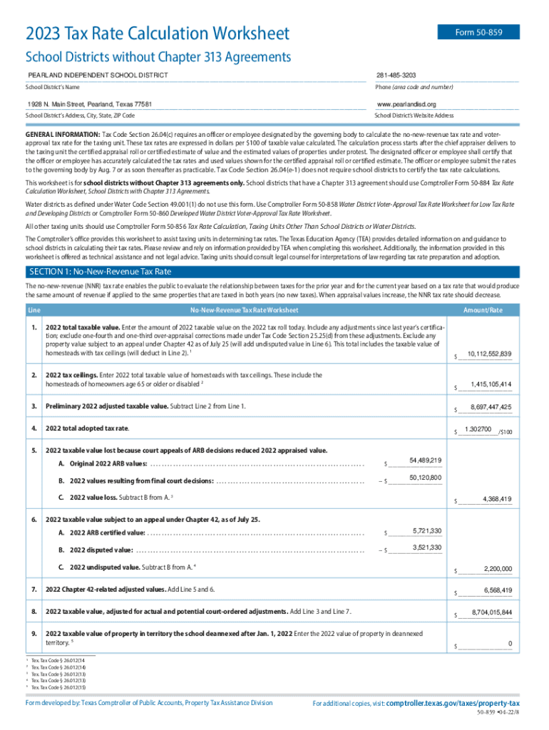 Fillable Online 2023 Tax Rate Calculation Worksheet - Pearland ISD Fax ...