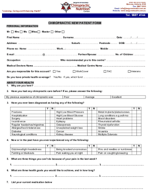 Fillable Online Tel: 9887 4144 CHIROPRACTIC NEW PATIENT FORM Fax Email ...