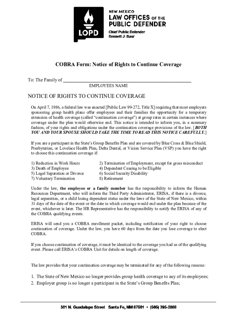 Fillable Online COBRA Form: Notice of Rights to Continue Coverage To ...