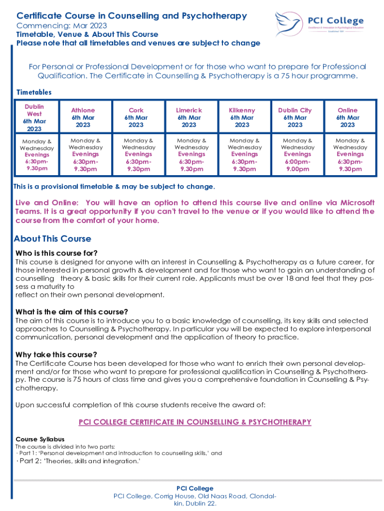 Fillable Online Certificate Course in Counselling & Psychotherapy Fax ...