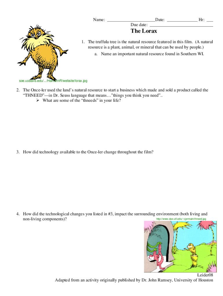 Fillable Online teachers oregon k12 wi The Lorax assignment - Brian ...