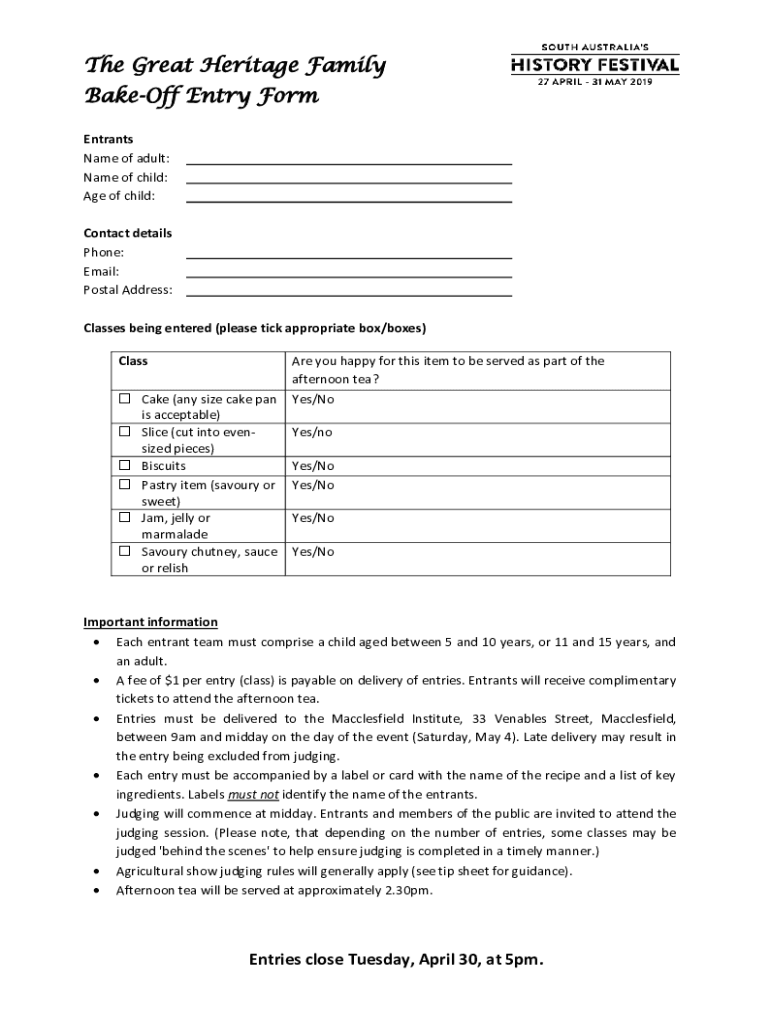 Fillable Online The Great Heritage Family Bake-Off Entry Form Fax Email ...