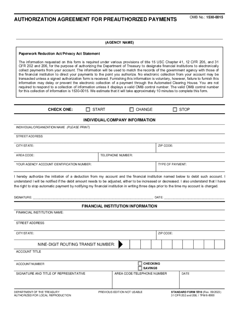 Fillable Online Form SF 5510 Authorization Agreement for Preauthorized ...