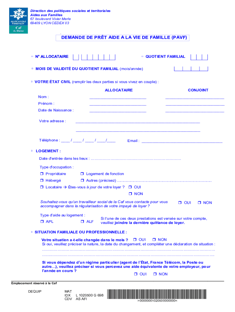 Remplissable En Ligne demande de prt aide a la vie de famille (pavf ...
