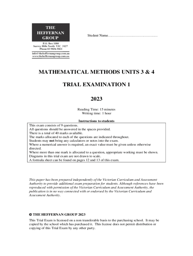 Fillable Online MATHEMATICAL METHODS UNITS 3 & 4 TRIAL EXAMINATION ...