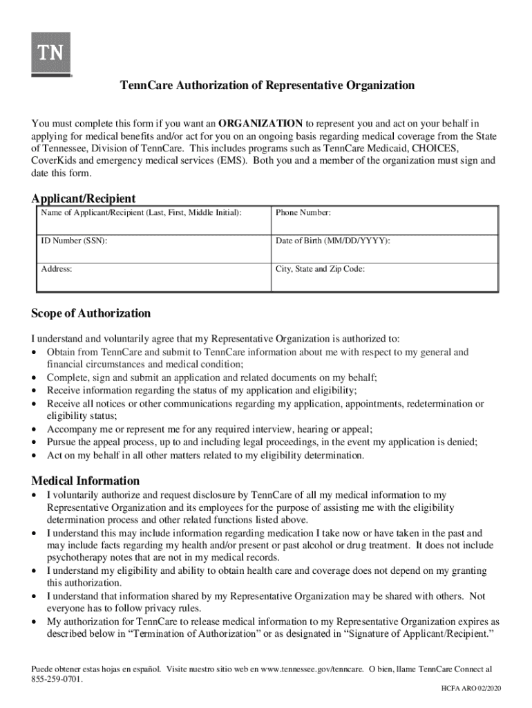 Fillable Online TennCare Authorization of Representative Organization ...