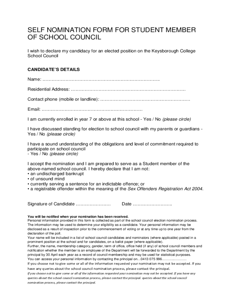 Fillable Online Self-nomination-form-for-student-member-of-school- ... Fax Email Print - pdfFiller