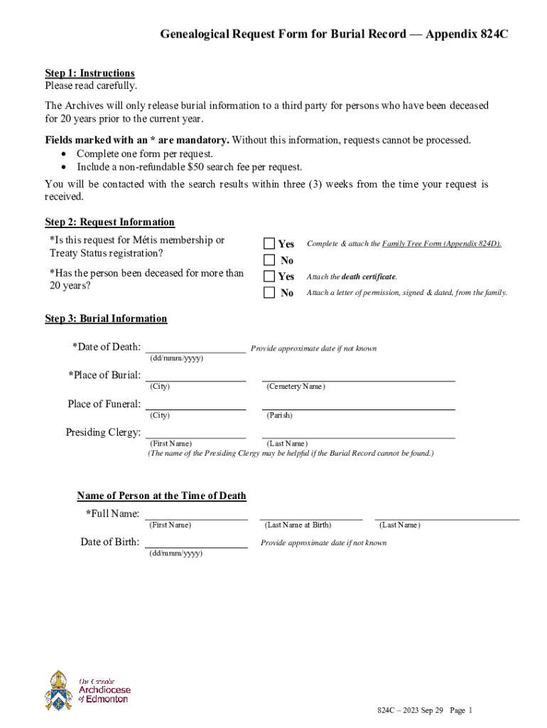 Fillable Online Genealogical Request Form for Burial Record Fax Email ...
