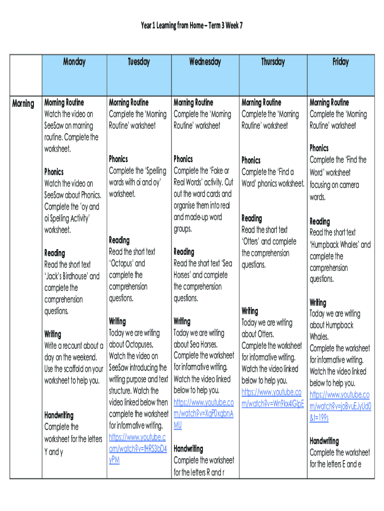 Fillable Online Weekly home learning sheet- Year 1 Fax Email Print ...