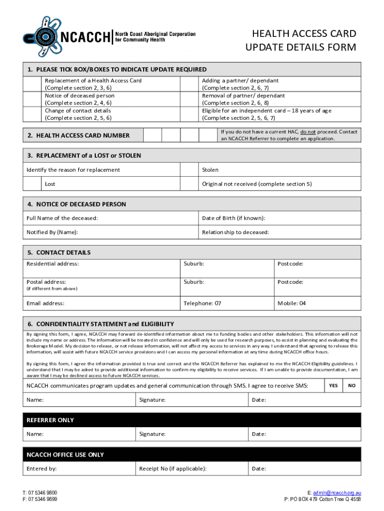 Fillable Online ncacch org HEALTH ACCESS CARD UPDATE DETAILS FORM Fax ...