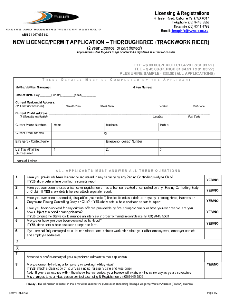 Fillable Online NEW LICENCE/PERMIT APPLICATION THOROUGHBRED (TRACKWORK RIDER) Fax Email Print ...