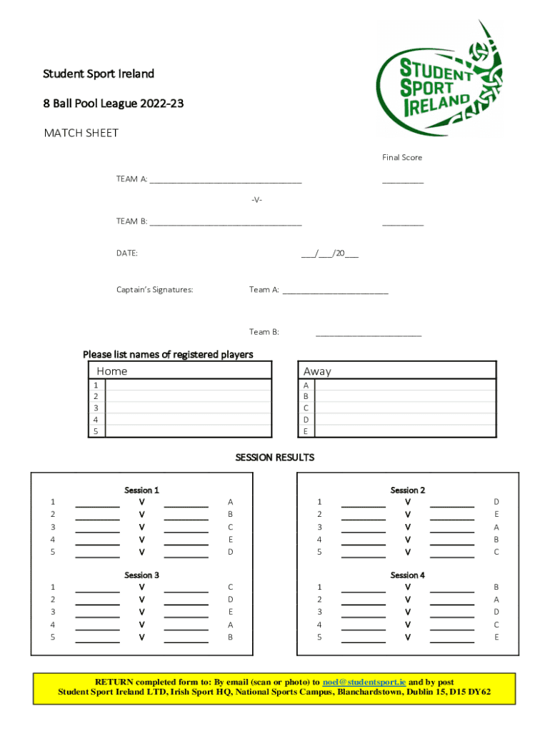 Fillable Online Pool League Score Sheet - Student Sport Ireland Fax ...