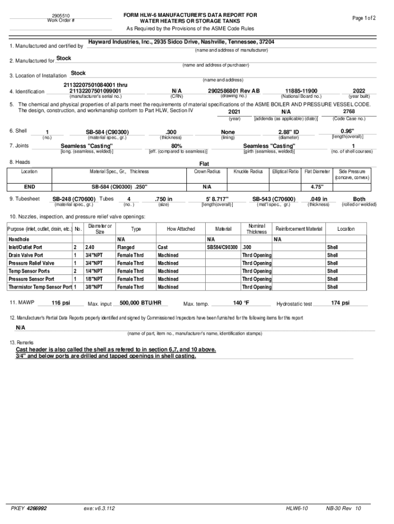 Fillable Online Fillable Online form hlw-6 manufacturer's data report for Fax ... Fax Email ...