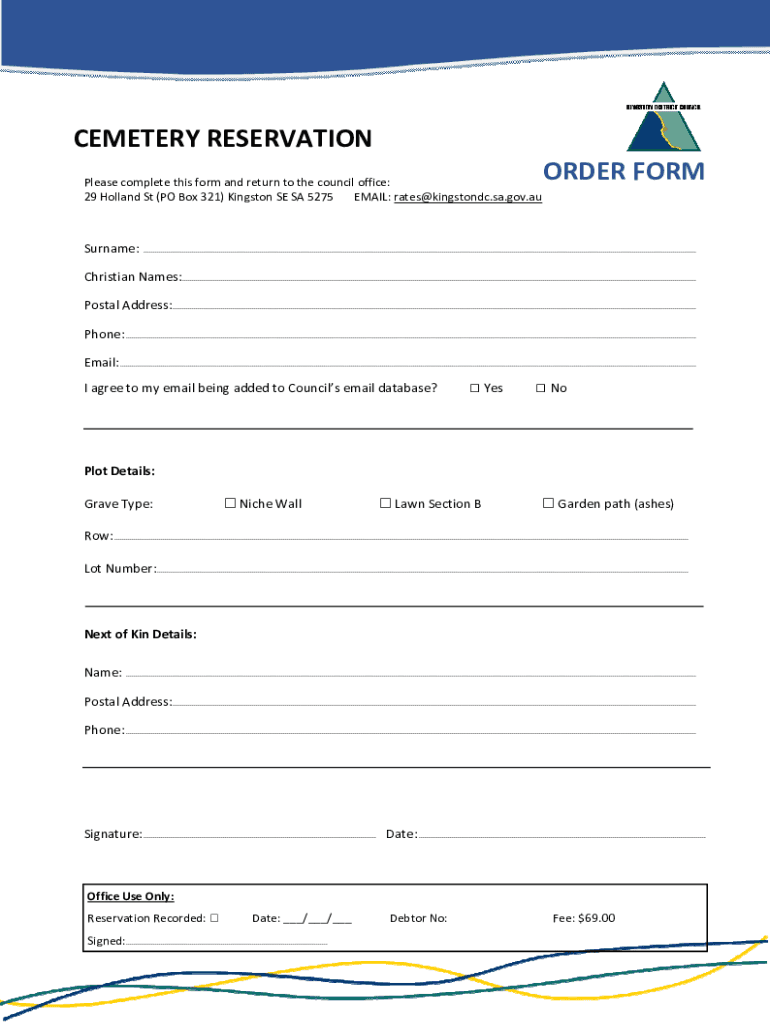 Fillable Online CEMETERY RESERVATION ORDER FORM Fax Email Print - pdfFiller