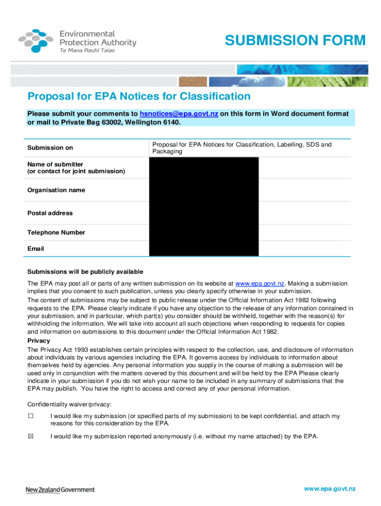 Fillable Online epa govt Proposal for EPA Notices for Classification ...