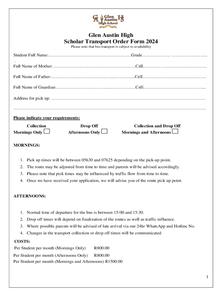 Fillable Online Glen Austin High Scholar Transport Order Form 2024 Fax ...