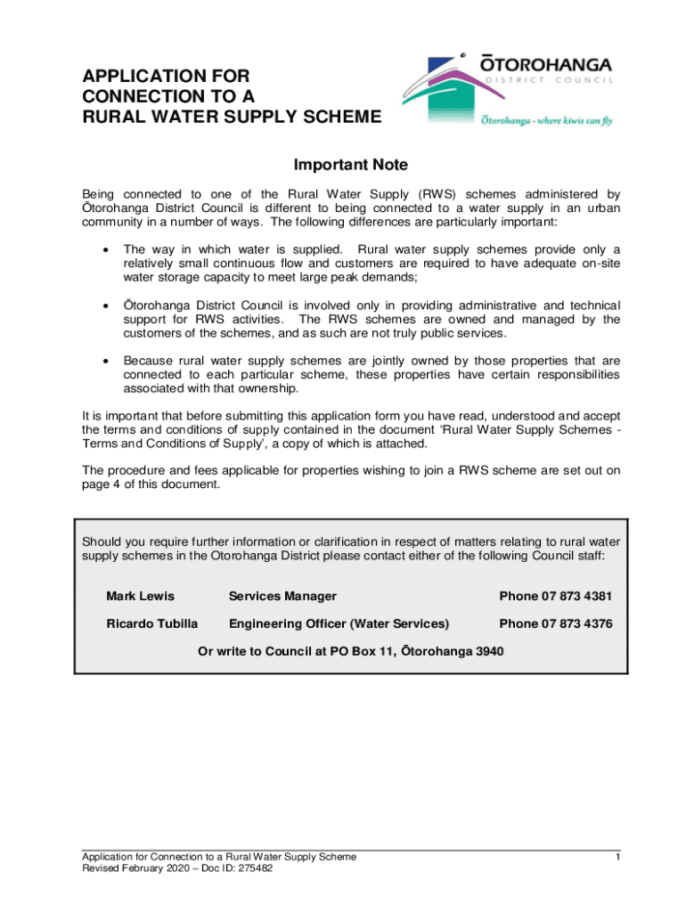 Fillable Online Application for Connection to a Rural Water Supply ...