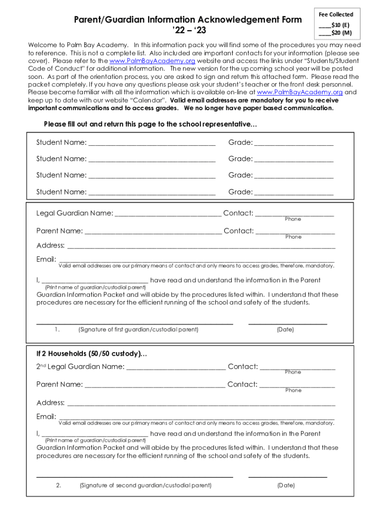 Fillable Online Parent/Guardian Information Acknowledgement Form '22'23 ...
