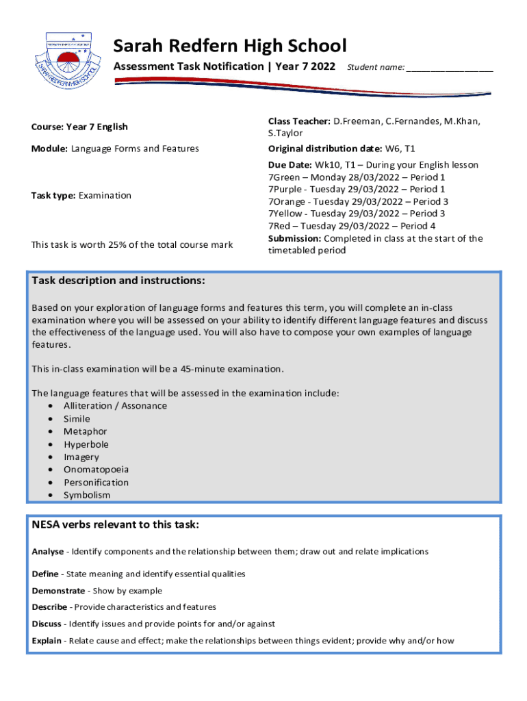 Fillable Online Sarah Redfern High SchoolSydney NSW Fax Email Print ...