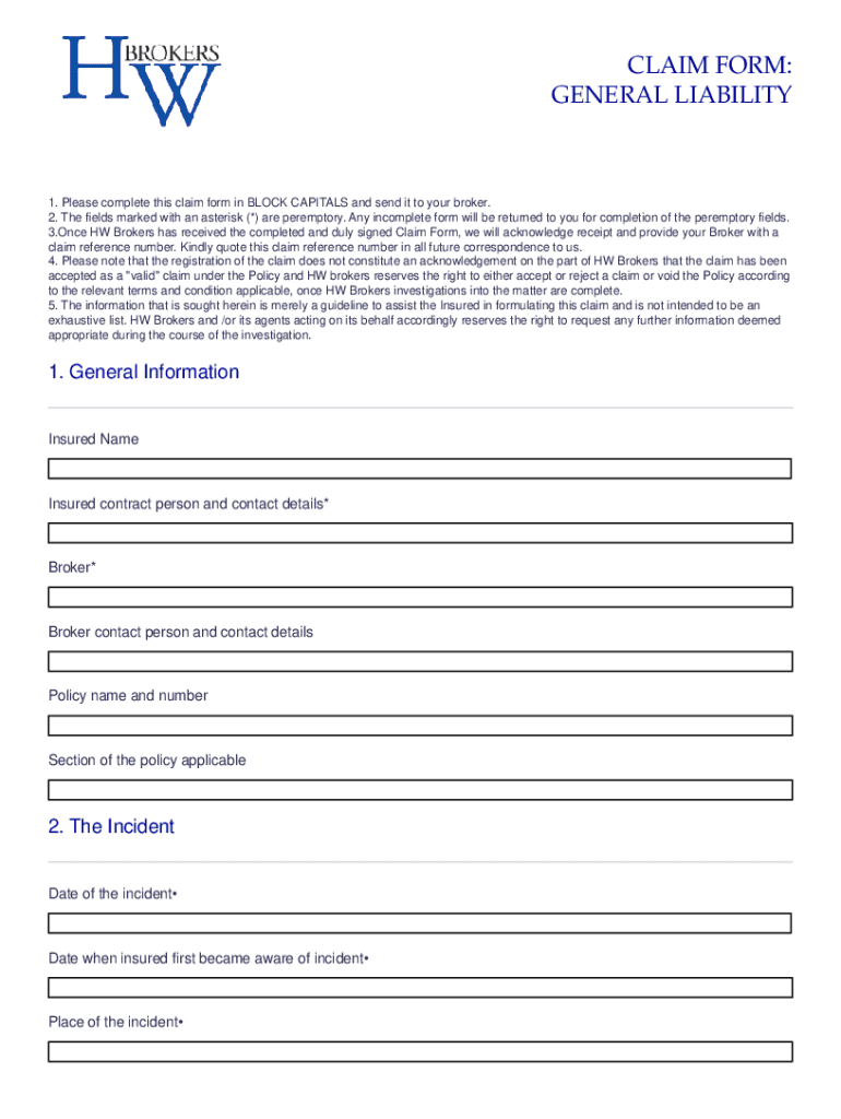 Fillable Online GENERAL LIABILITY CLAIM FORM 1. Please complete ... Fax ...
