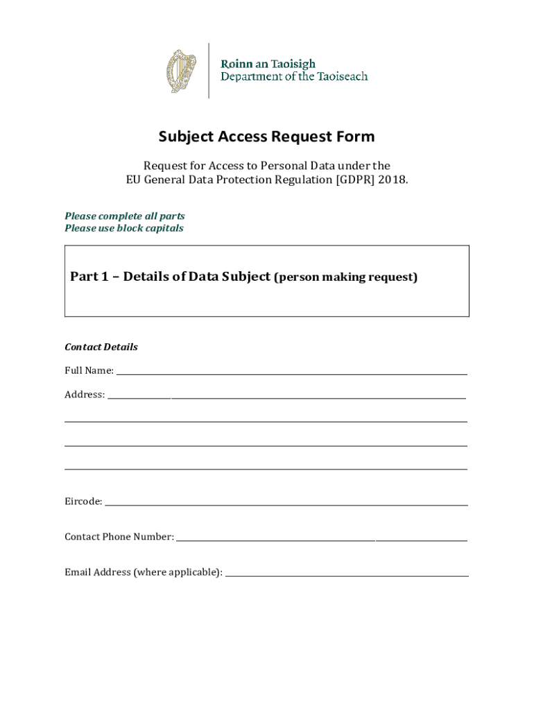 Fillable Online Part 1 Details of Data Subject (person making request ...