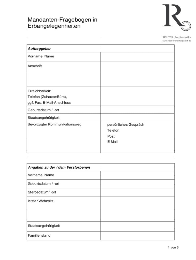 Ausfüllbar Online Mandanten-Fragebogen in Fax Email Drucken - pdfFiller