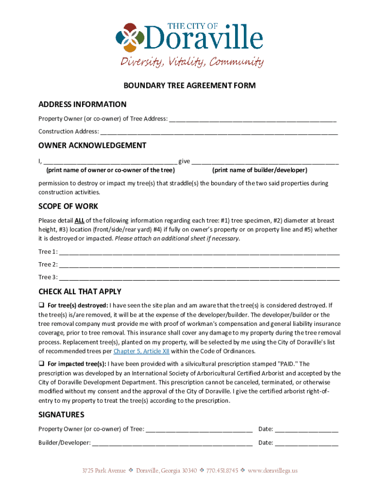 Fillable Online Boundary Tree Agreement Form Address Information Fax ...