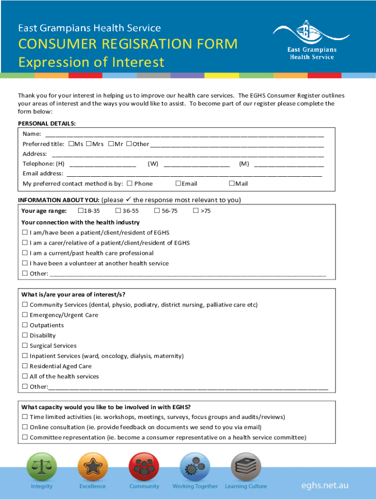 Fillable Online eghs net CONSUMER REGISRATION FORM Expression of Interest Fax Email Print ...