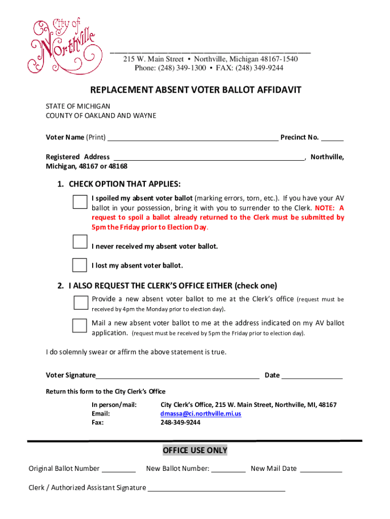 Fillable Online REPLACEMENT ABSENT VOTER BALLOT AFFIDAVIT Fax Email ...