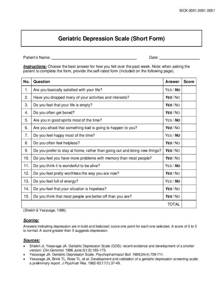 Fillable Online Geriatric Depression Scale/MOOD SCALE (Short form) ... Fax Email Print - pdfFiller