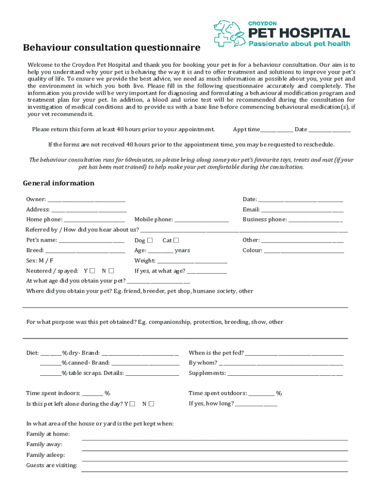 Fillable Online Behaviour consultation questionnaire Fax Email Print ...