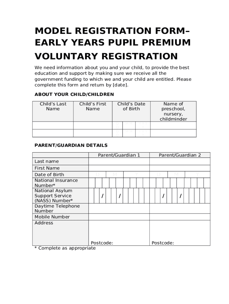 Early Years Pupil Premium Registration Doc Template | pdfFiller