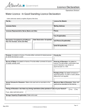 Fillable Online Water Licence Declaration. Water Licence - In Good ...