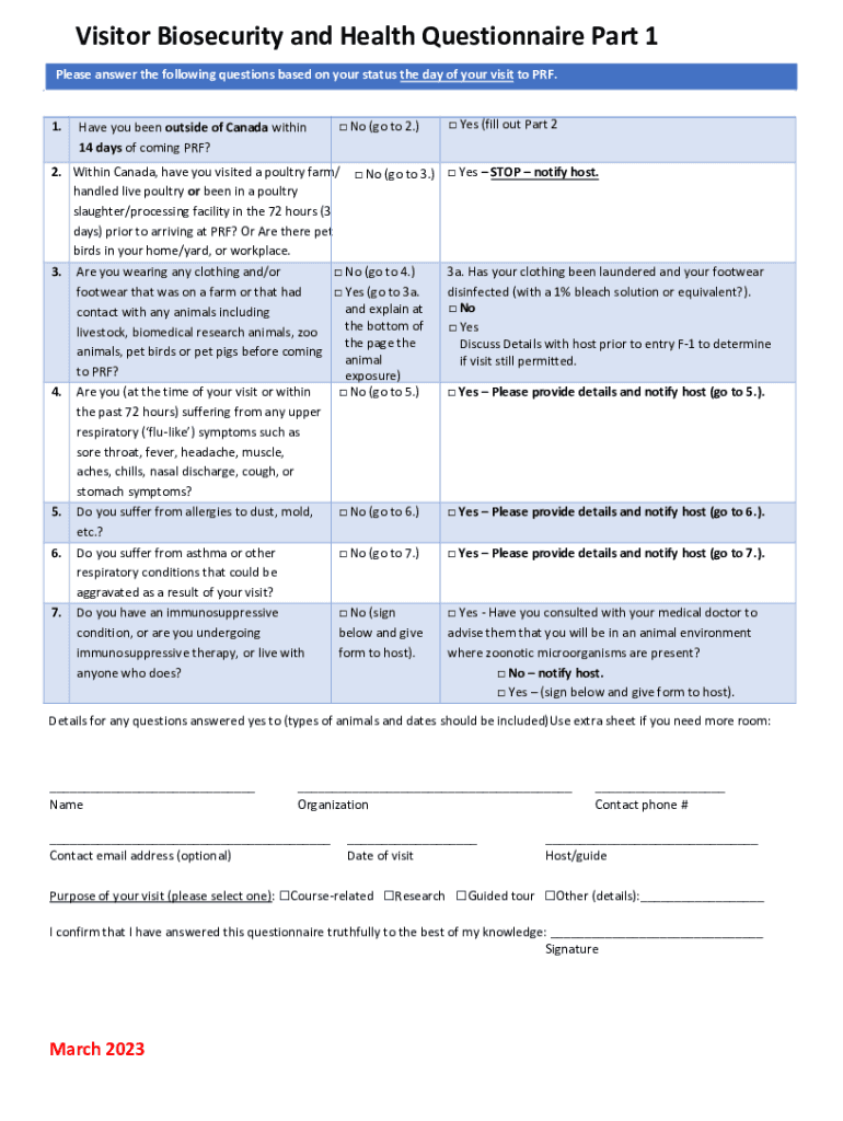 Fillable Online Visitor Biosecurity and Health Questionnaire Part 1 ...