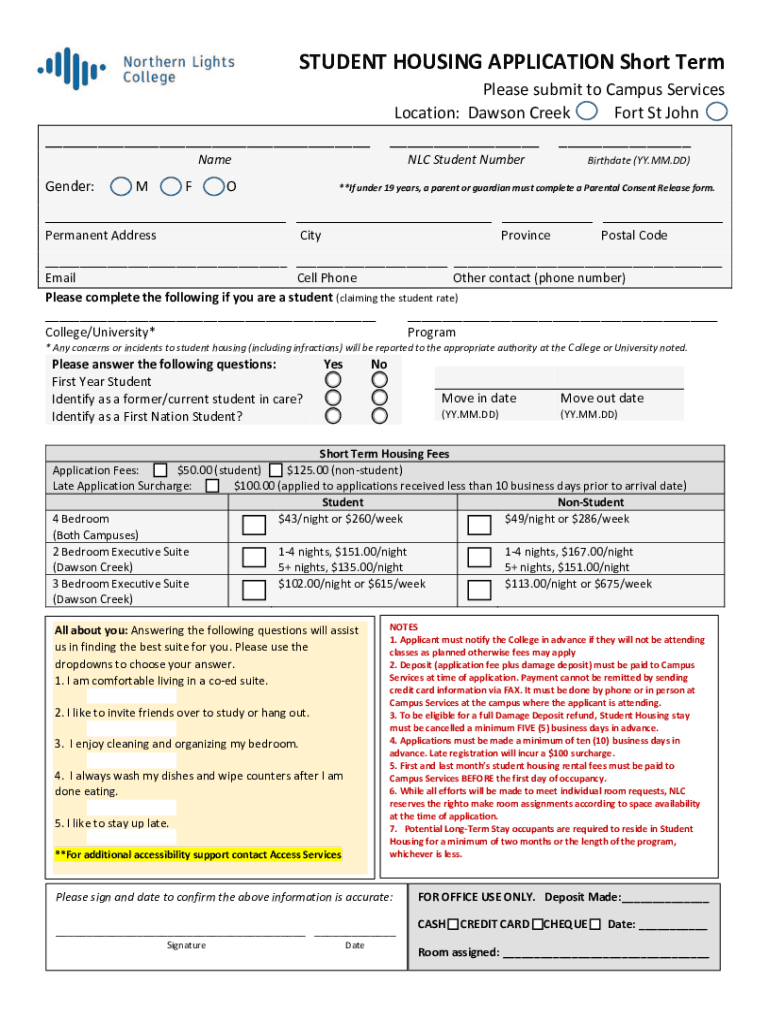 Fillable Online Fillable STUDENT HOUSING APPLICATION (Northern ... Fax ...