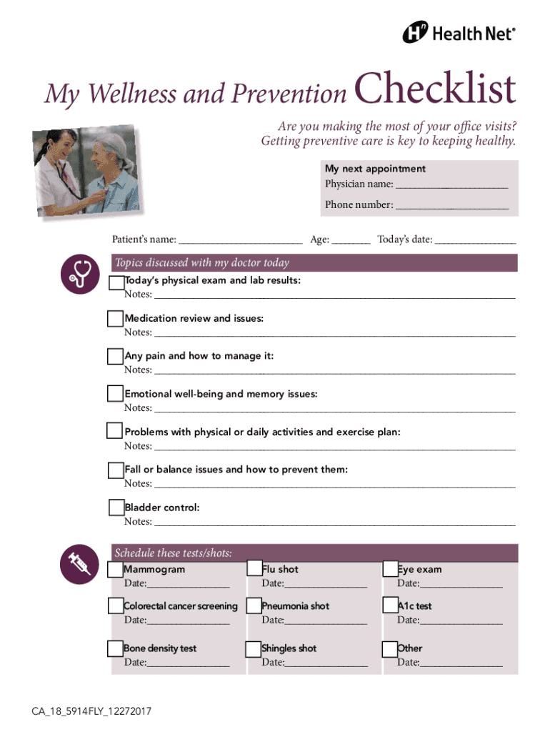 Fillable Online Medicare My Wellness and Prevention Checklist. CA ...