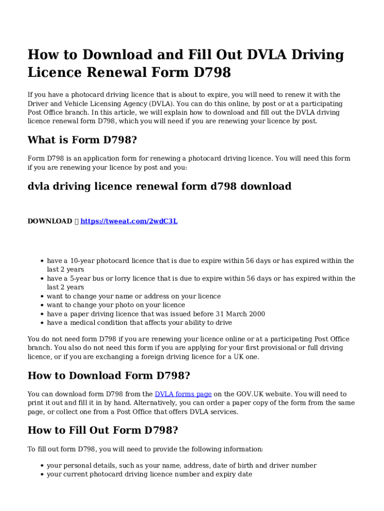 Fillable Online Dvla Driving Licence Renewal Form D798 Download Fax Email Print - pdfFiller