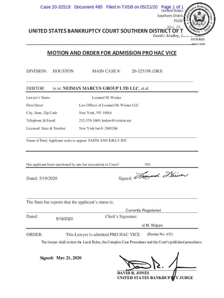 Fillable Online LW MOTION TO BE ADMITTED PRO-HAC-VICE-5-19-20-BK COURT ...