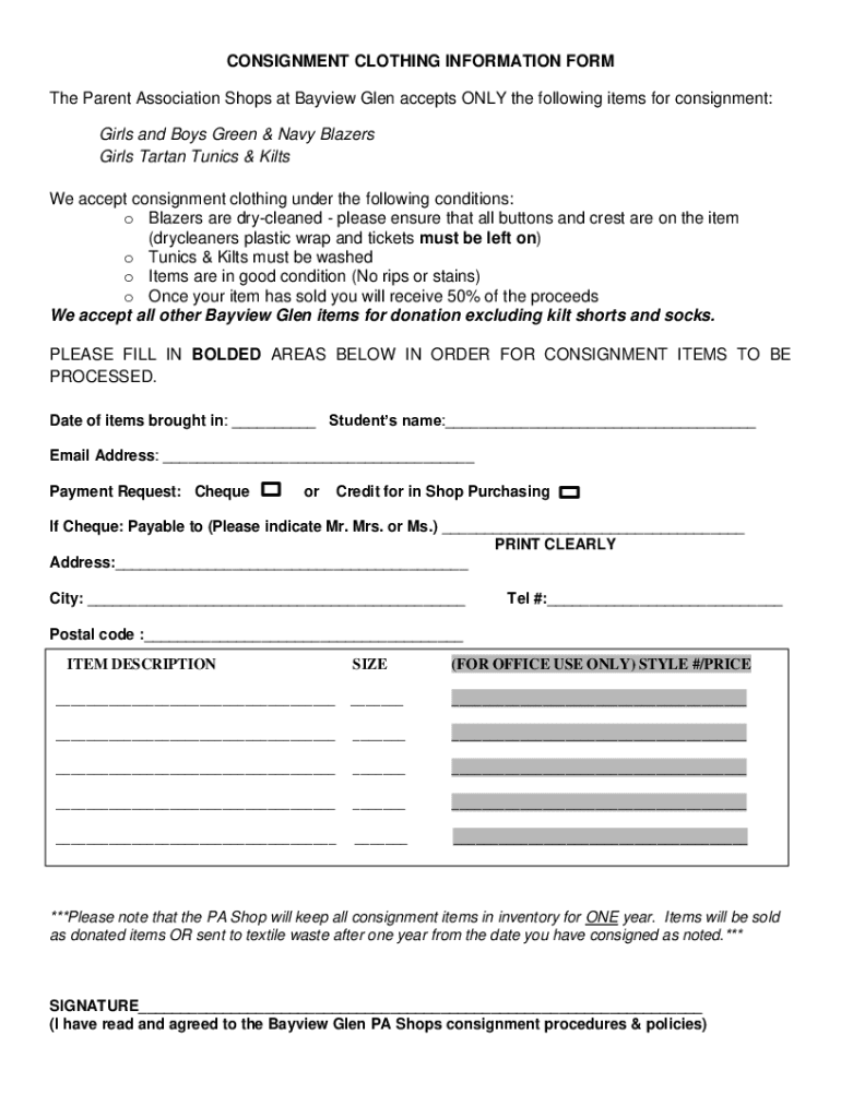 Fillable Online CONSIGNMENT CLOTHING INFORMATION FORM Fax Email Print ...