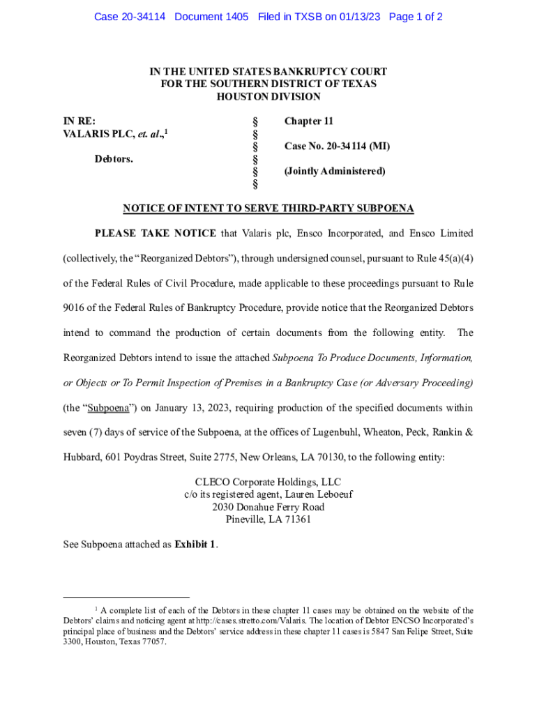 Fillable Online Notice of Intent To Serve Third-Party Subpoena (CLECO ...