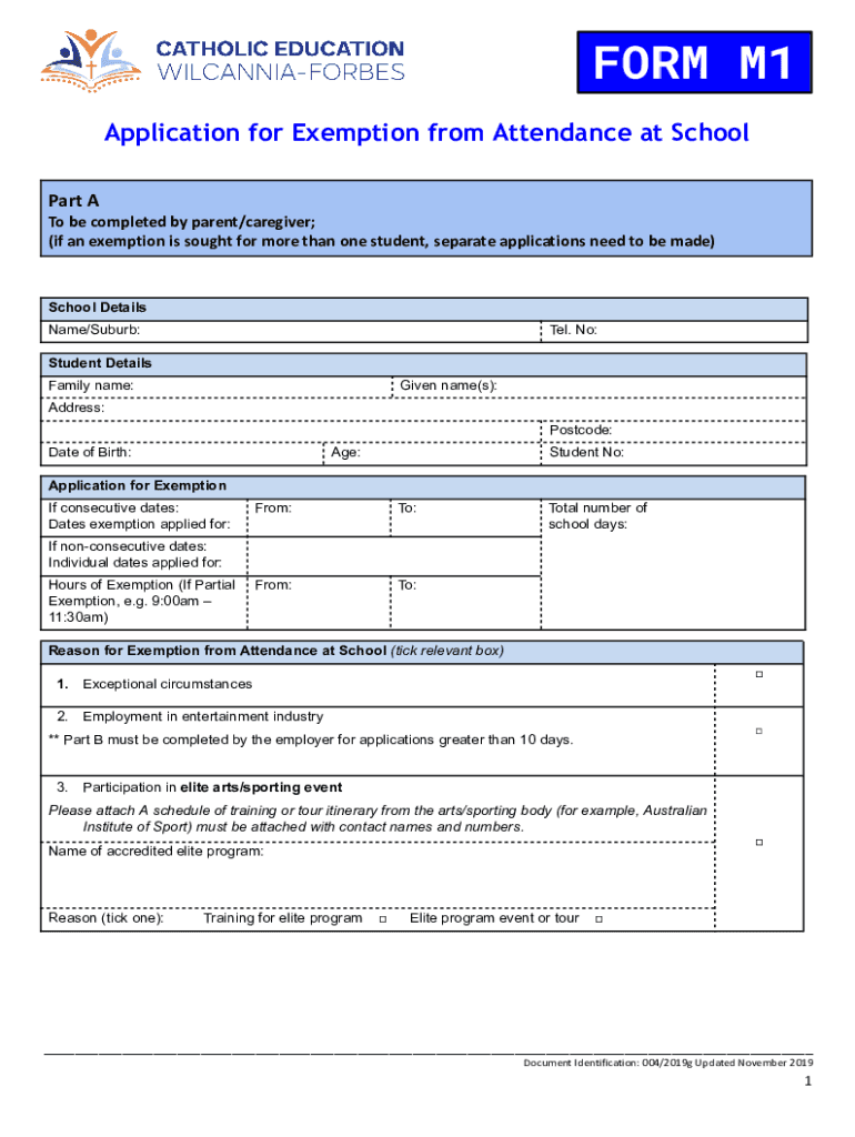 Fillable Online M1 Application for Exemption from Attendance at School ...
