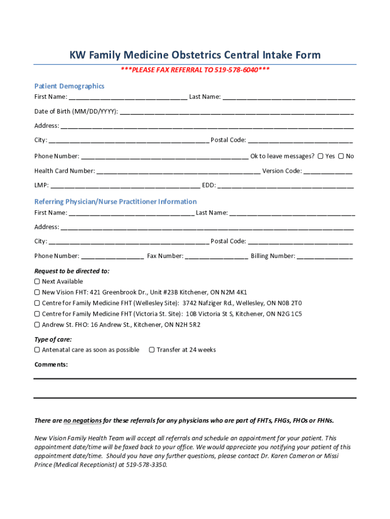 Fillable Online KW Family Medicine Obstetrics Central Intake Form Fax ...