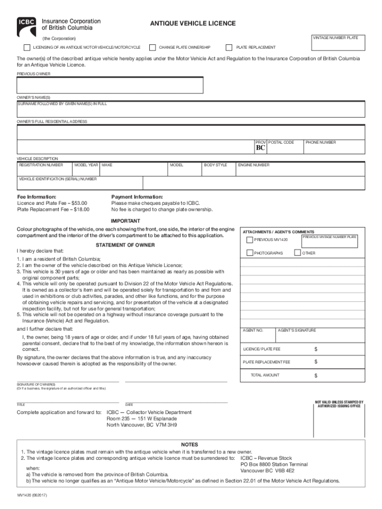 Fillable Online MV1420 - Antique Vehicle Licence and Certificate ...