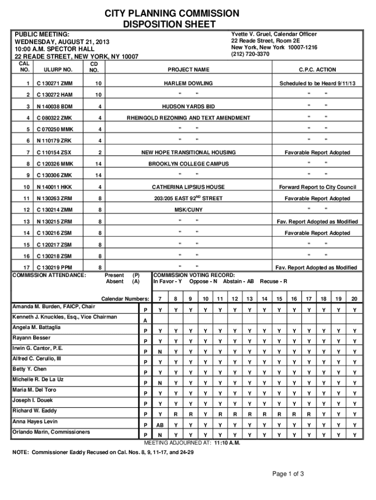 Fillable Online Disposition Sheet and Calendar No.16 - AUGUST 21, 2013 ...