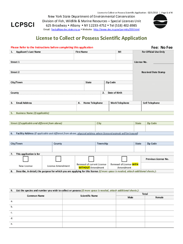 Fillable Online License to Collect or Possess Scienctific Application ...