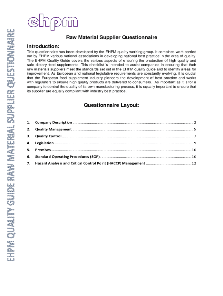 Fillable Online Fillable Online ehpm Raw Material Supplier Questionnaire ... Fax Email Print ...