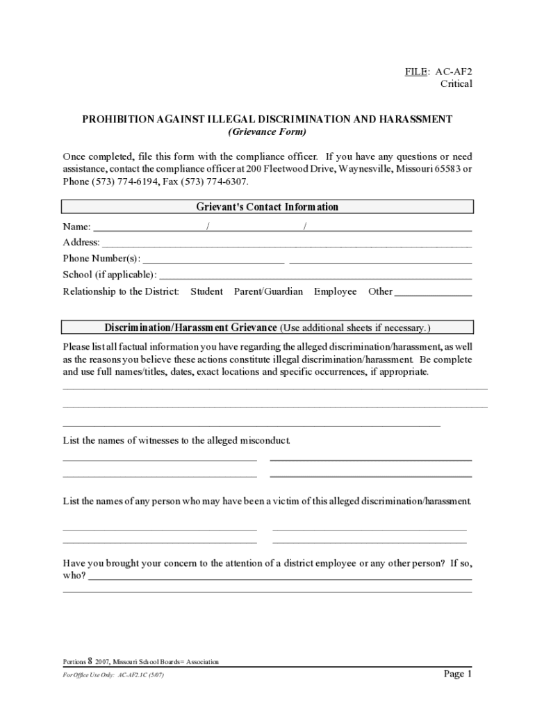 Fillable Online Grievance Form Prohibition Against Discrimination ... Fax Email Print - pdfFiller